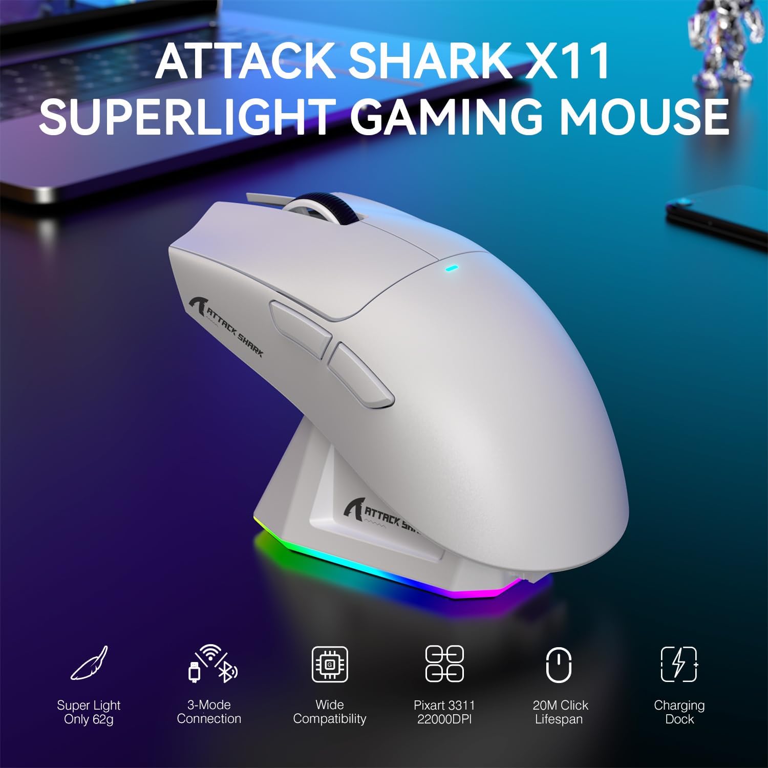 SOURIS ATTACK SHARK X11 WHITE WIRELESS WIRED+2.4G+BT - DEYSTORE